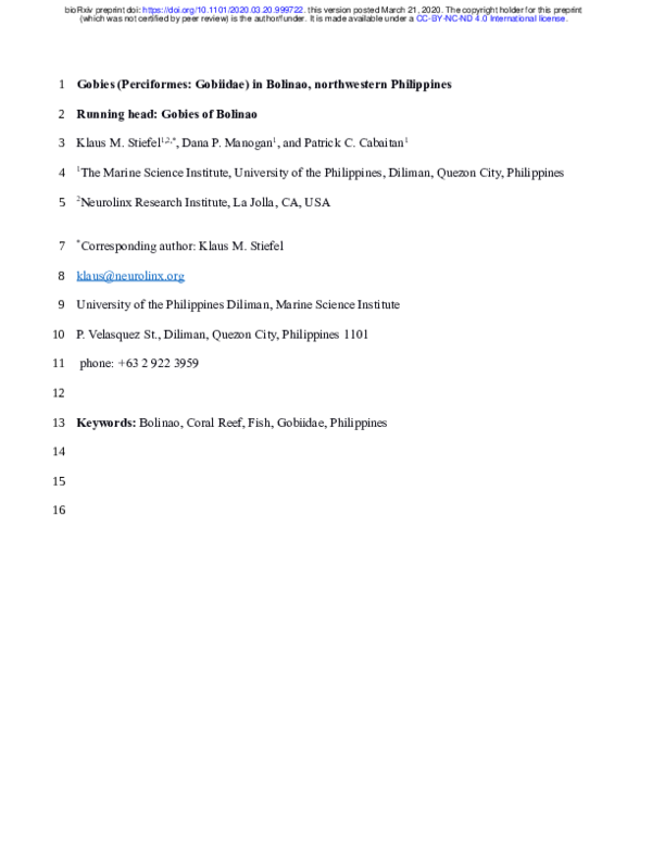 (PDF) Gobies (Perciformes: Gobiidae) in Bolinao, northwestern Philippines