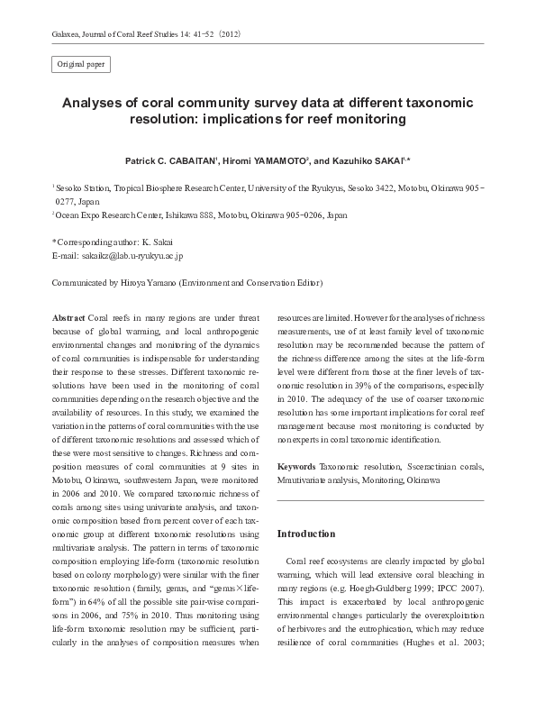 (PDF) Analyses of coral community survey data at different taxonomic ...