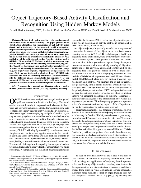 Pdf Object Trajectory Based Activity Classification And Recognition Using Hidden Markov Models