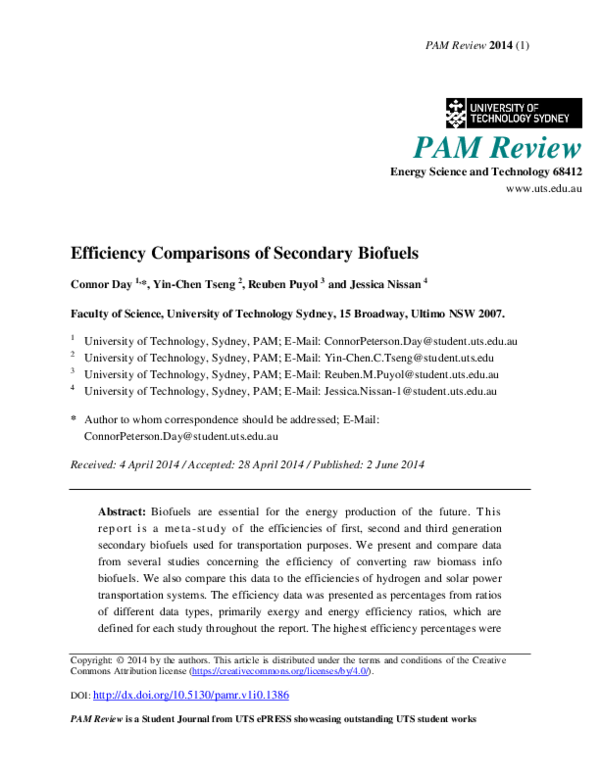 (PDF) Efficiency Comparisons of Secondary Biofuels | Connor Day ...
