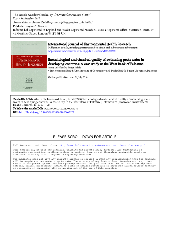 (PDF) Bacteriological and chemical quality of swimming pools water in ...