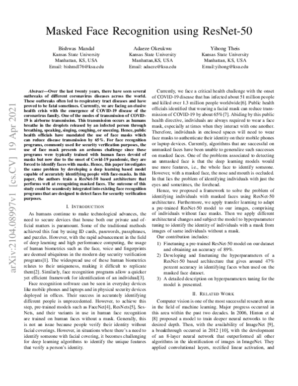 (PDF) Masked Face Recognition using ResNet-50