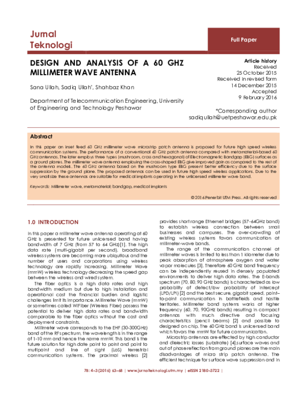 (PDF) Design and Analysis of a 60 GHZ Millimeter Wave Antenna