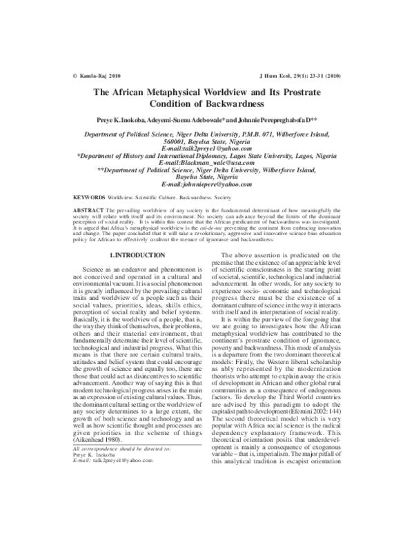 (PDF) The African Metaphysical Worldview and Its Prostrate Condition of ...