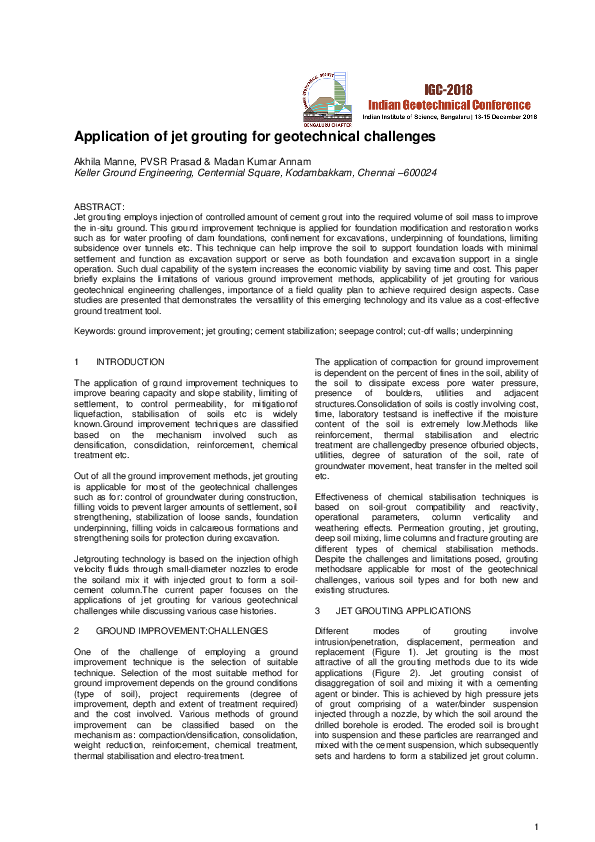 (PDF) Application of Jet Grouting for Geotechnical Challenges