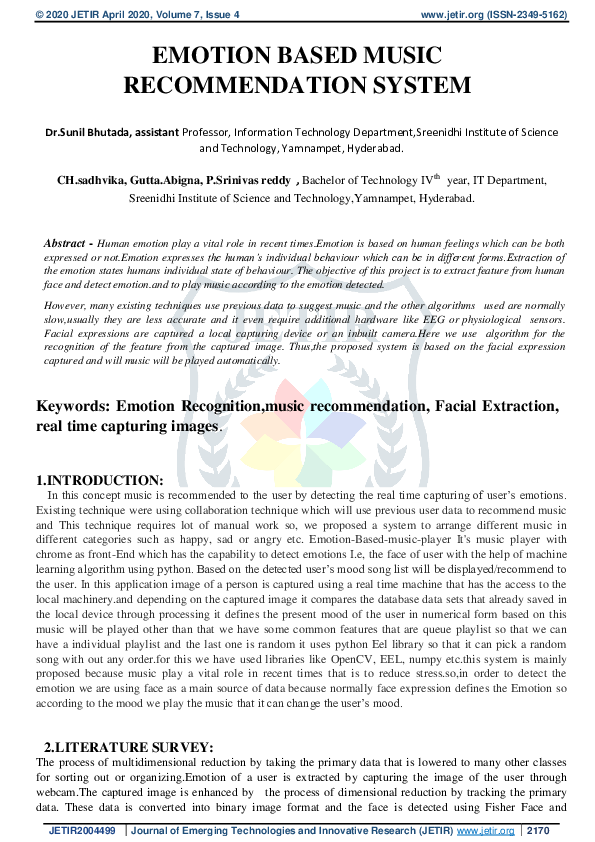 (PDF) Emotion Based Music Recommendation System