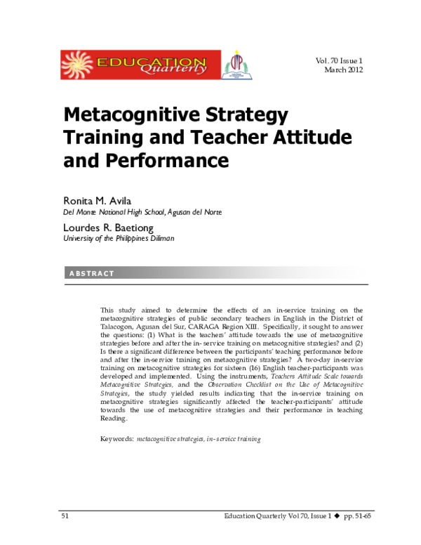 Metacognitive Strategy Training And Teacher Attitude And Performance