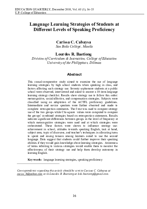 (PDF) Language Learning Strategies of Students at Different Levels of ...