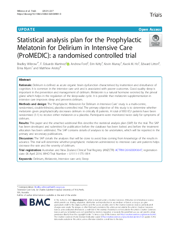 (PDF) Statistical analysis plan for the Prophylactic Melatonin for ...