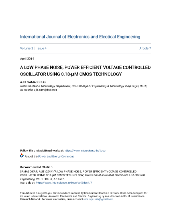 Pdf A Low Phase Noise Power Efficient Voltage Controlled Oscillator Using 018 µm Cmos Technology