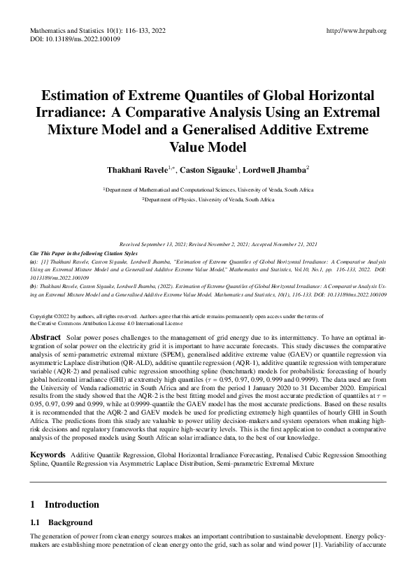(PDF) Estimation of Extreme Quantiles of Global Horizontal Irradiance: A Comparative Analysis ...