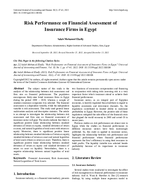(PDF) Risk Performance on Financial Assessment of Insurance Firms in Egypt