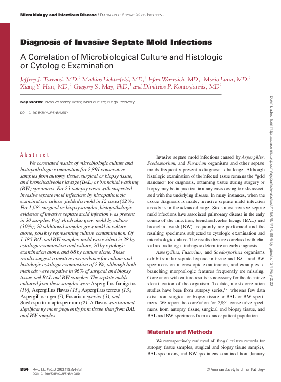 (PDF) Diagnosis of Invasive Septate Mold Infections: A Correlation of ...