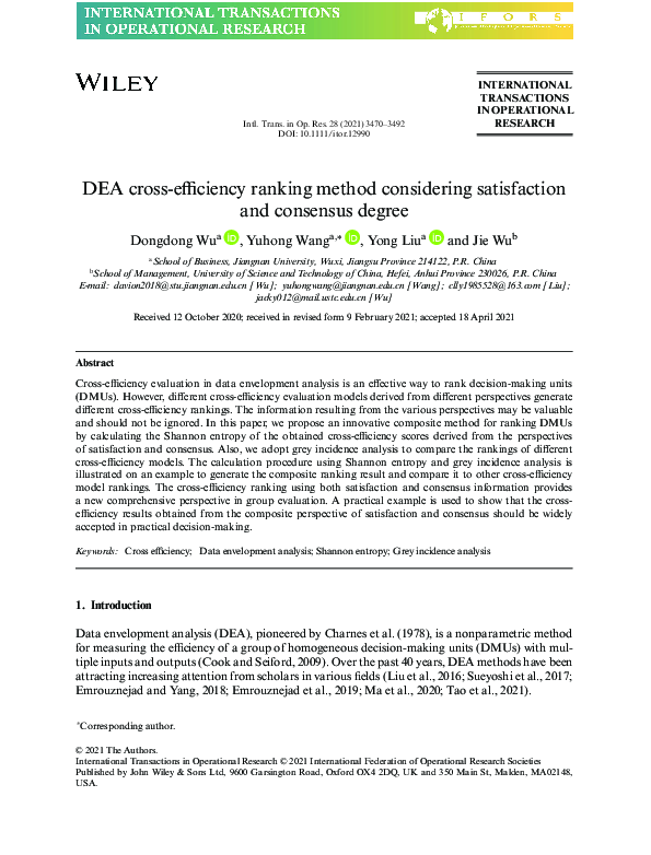 (PDF) DEA cross-efficiency ranking method considering satisfaction and consensus degree