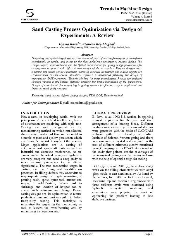 (PDF) Sand Casting Process Optimization via Design of Experiments: A Review