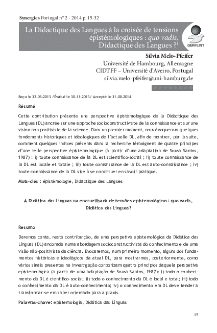 (PDF) La Didactique des Langues à la croisée de tensions épistémologiques : quo vadis ...