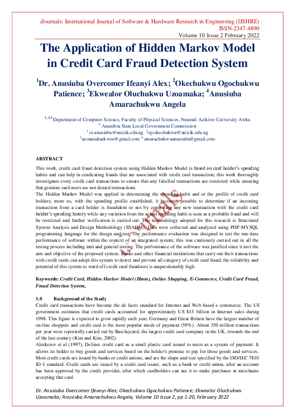 Pdf The Application Of Hidden Markov Model In Credit Card Fraud Detection System