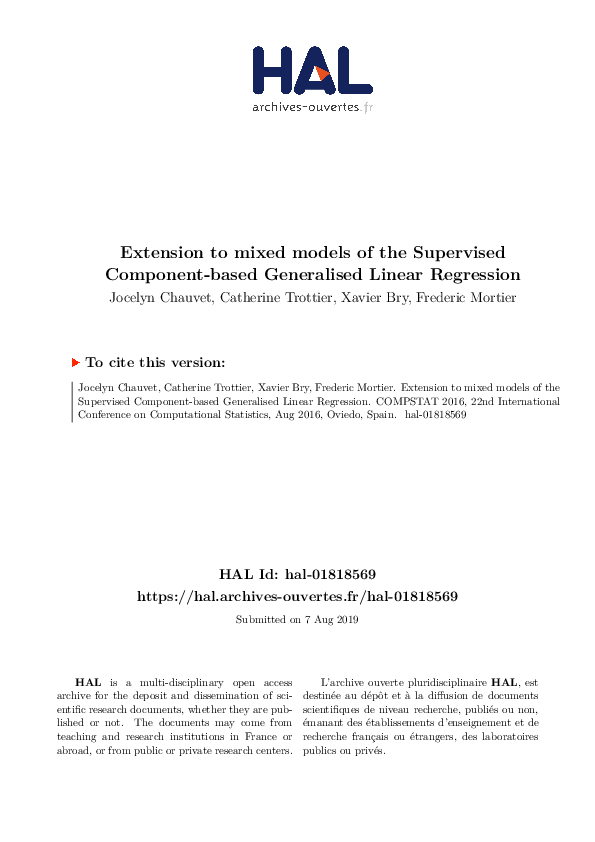 Pdf Extension To Mixed Models Of The Supervised Component Based Generalised Linear Regression