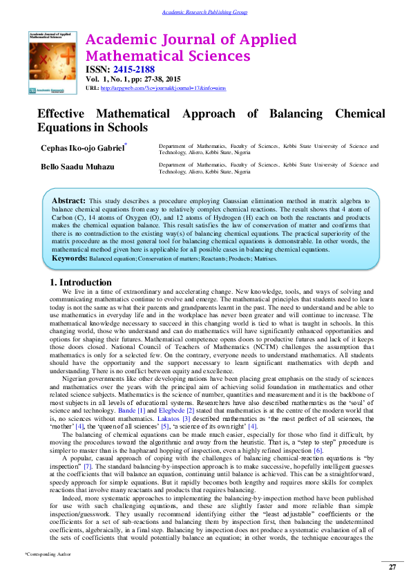 (PDF) Effective Mathematical Approach of Balancing Chemical Equations ...