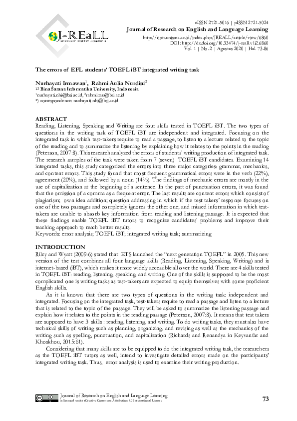 (PDF) The errors of EFL students’ TOEFL iBT integrated writing task