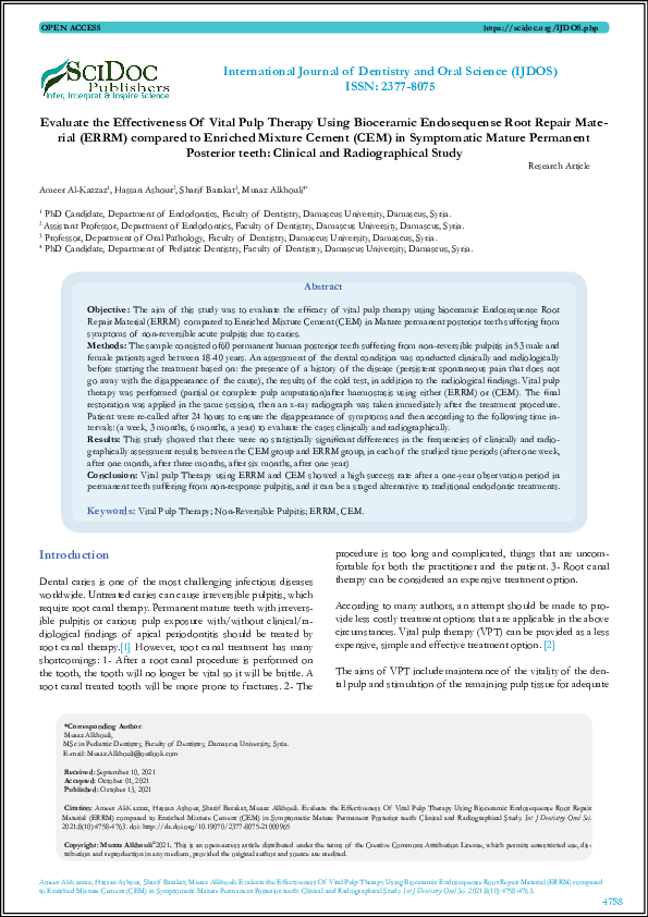(PDF) Evaluate the Effectiveness Of Vital Pulp Therapy Using Bioceramic ...