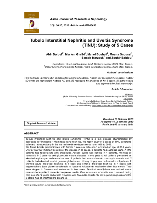 (PDF) Tubulo Interstitial Nephritis and Uveitis Syndrome (TINU): Study ...