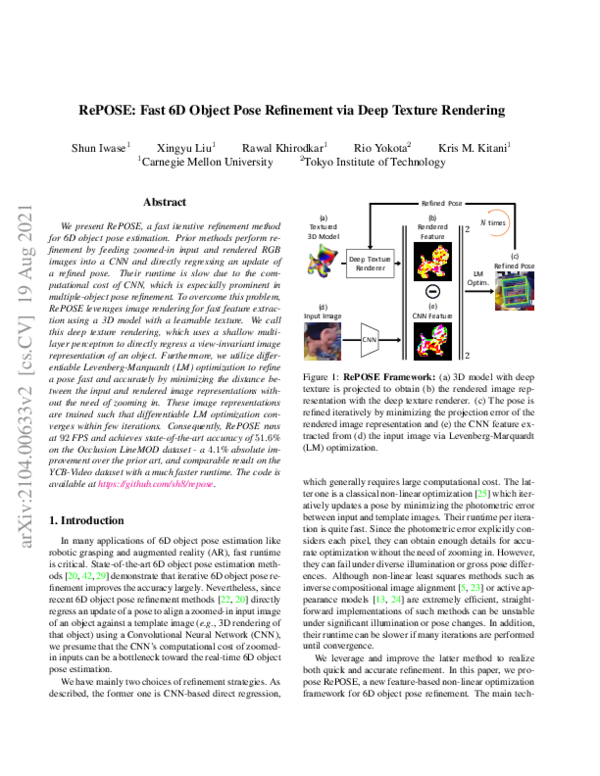 (PDF) RePOSE: Fast 6D Object Pose Refinement via Deep Texture Rendering