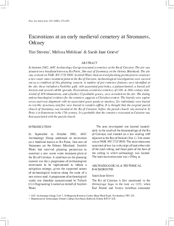 (PDF) Excavations at an early medieval cemetery at Stromness, Orkney