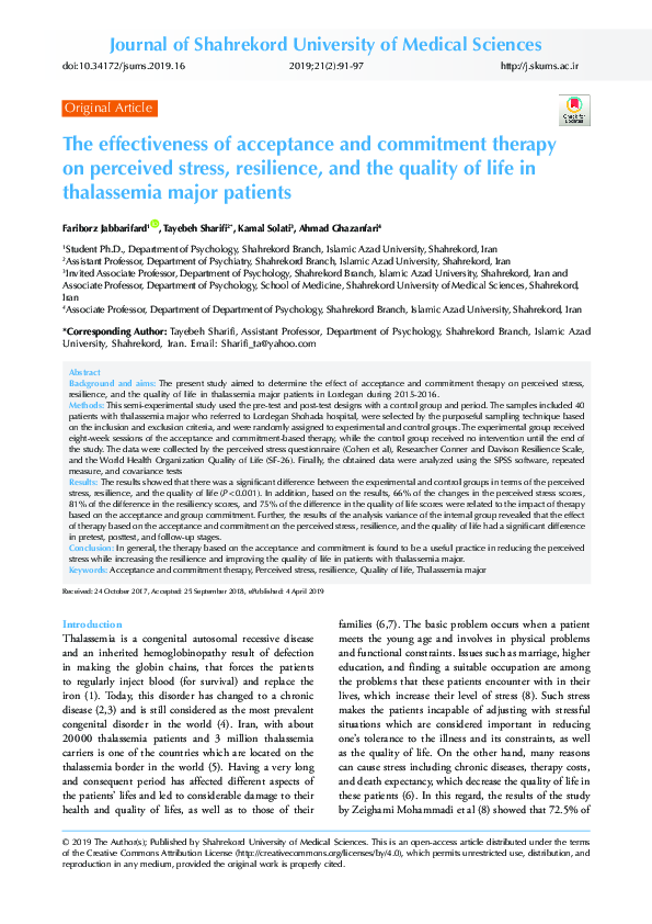 (PDF) The Effectiveness of Acceptance and Commitment Therapy (ACT) on the Rate of Pain Intensity ...