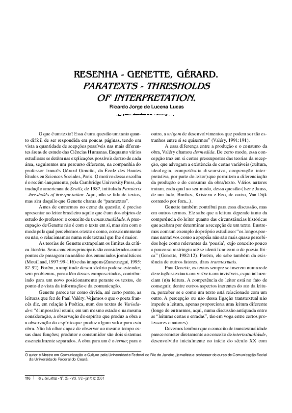 (PDF) Resenha - Genette, Gérard. Paratexts - Thresholds of Interpretation