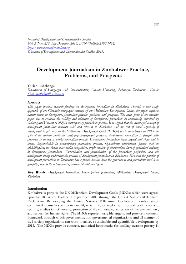 (PDF) Development Journalism in Zimbabwe: Practice, Problems, and Prospects