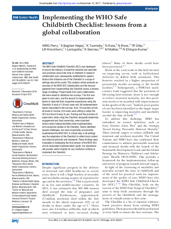 (PDF) Implementing the WHO Safe Childbirth Checklist: lessons from a ...