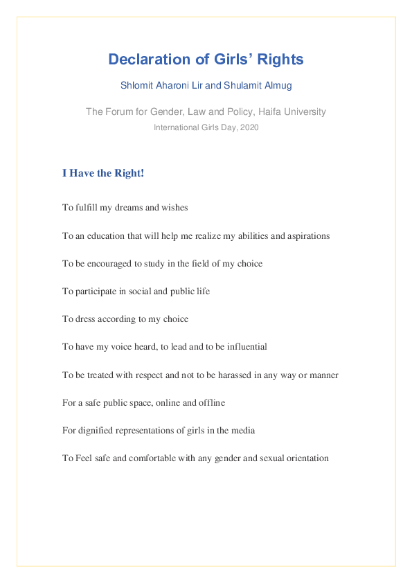 (PDF) Declaration of Girls' Rights | Shlomit Aharoni Lir - Academia.edu
