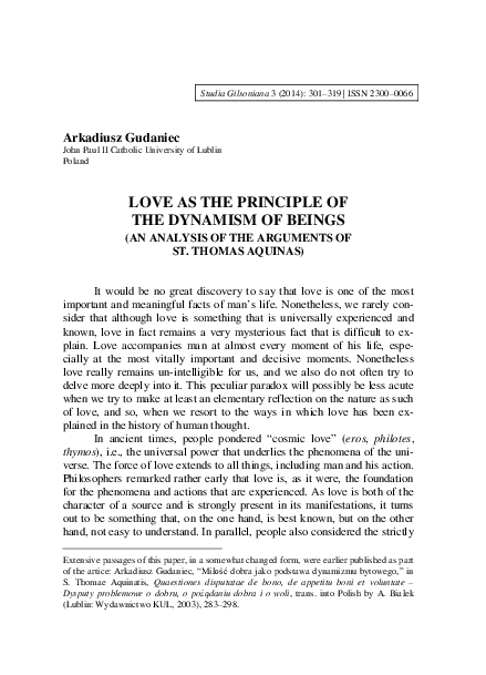 (PDF) Love as the Principle of the Dynamism of Beings (An Analysis of ...