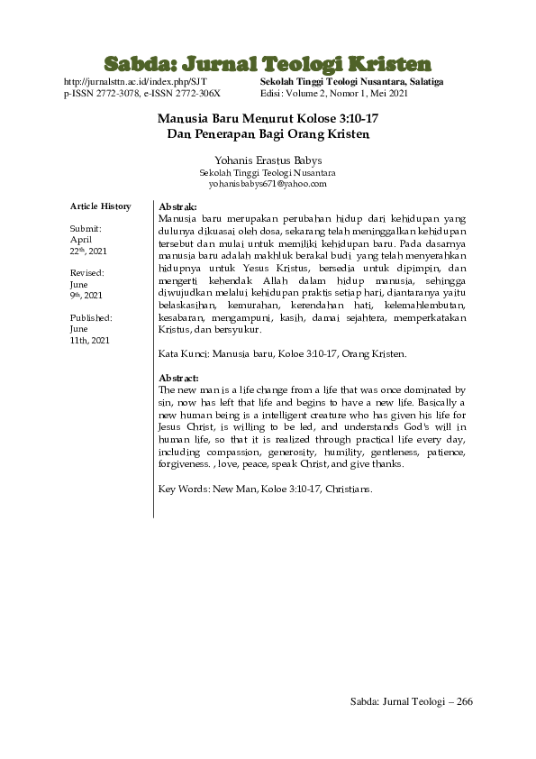 (PDF) Manusia Baru Menurut Kolose 3:10-17 Dan Penerapan Bagi Orang Kristen