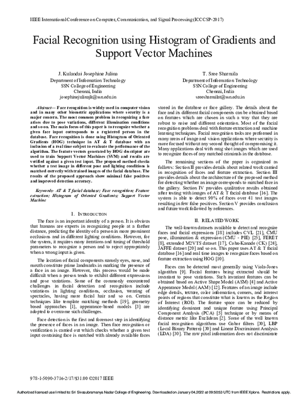 (PDF) Facial recognition using histogram of gradients and support vector machines