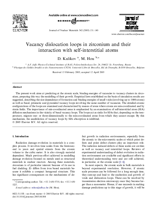 (PDF) Vacancy dislocation loops in zirconium and their interaction with self-interstitial atoms