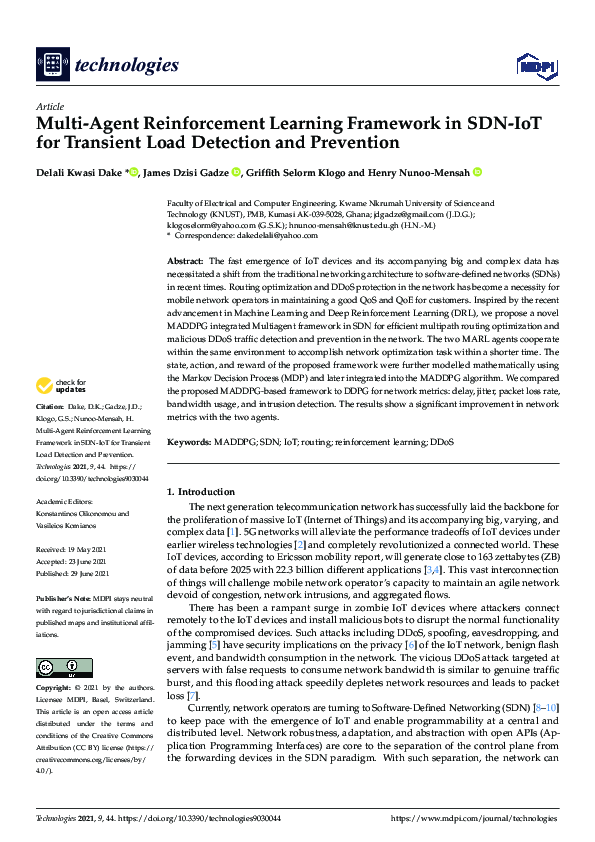 Pdf Multi Agent Reinforcement Learning Framework In Sdn Iot For Transient Load Detection And