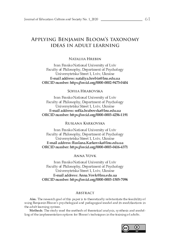 (PDF) Applying Benjamin Bloom's Taxonomy Ideas in Adult Learning