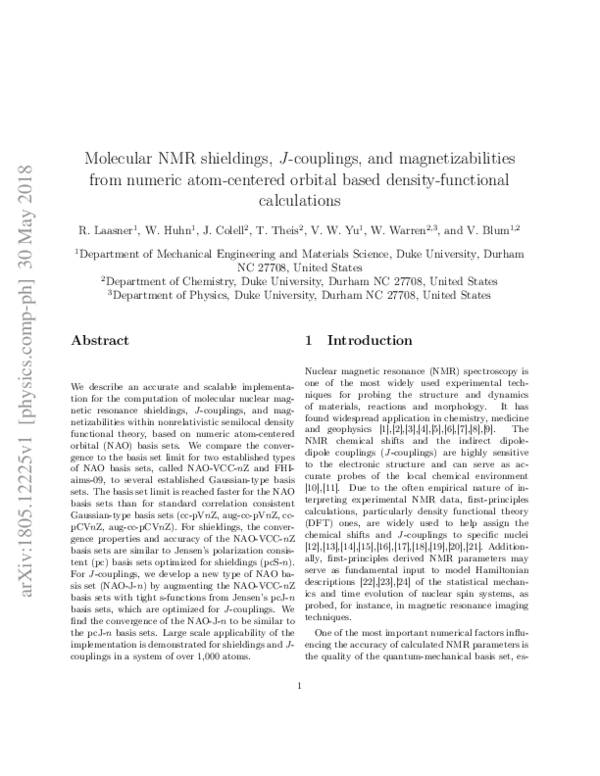 Pdf Molecular Nmr Shieldings J Couplings And Magnetizabilities From Numeric Atom Centered