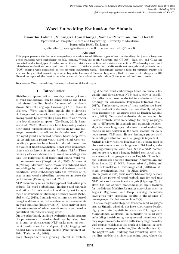 Pdf Word Embedding Evaluation For Sinhala