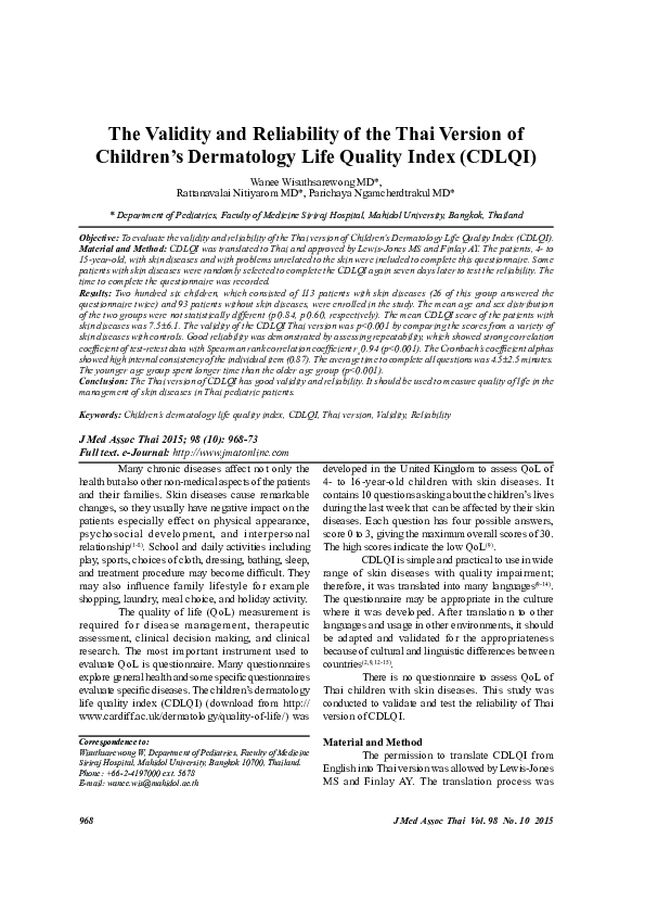 (PDF) The Validity and Reliability of the Thai Version of Children's ...