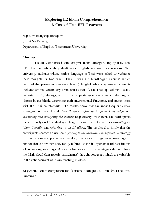 (PDF) Exploring L2 Idiom Comprehension: A Case of Thai EFL Learners