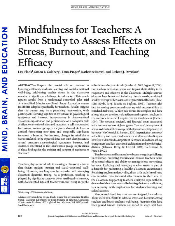 (PDF) Mindfulness for teachers: A pilot study to assess effects on ...