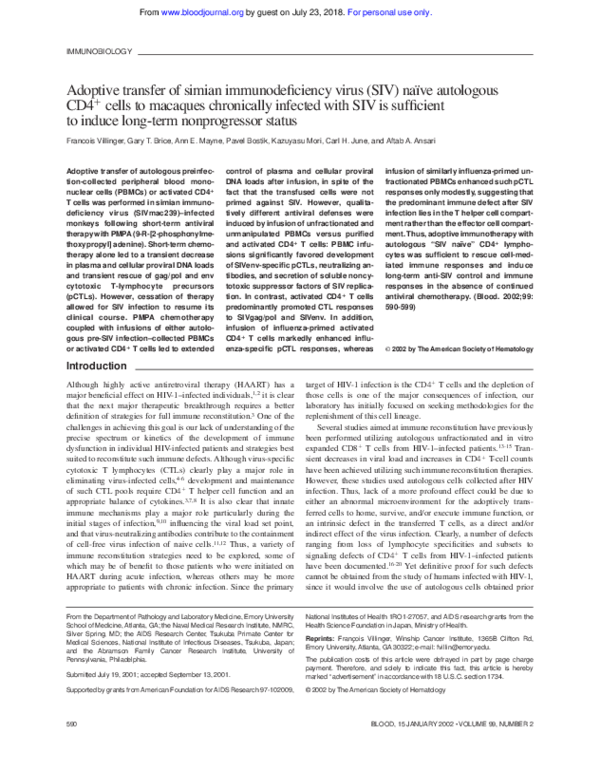 (PDF) Adoptive transfer of simian immunodeficiency virus (SIV) naive ...