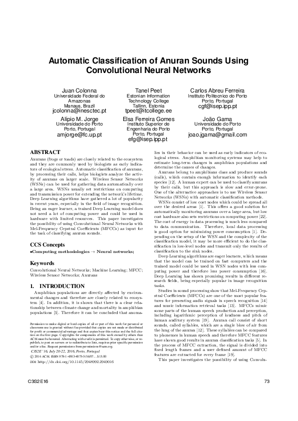 (PDF) Automatic Classification of Anuran Sounds Using Convolutional Neural Networks