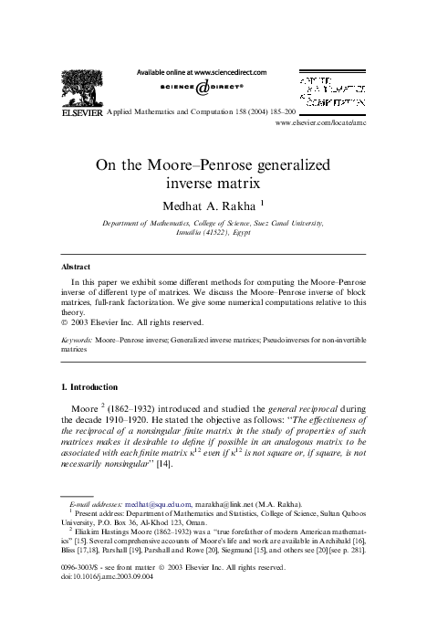 Pdf On The Moore Penrose Generalized Inverse Matrix