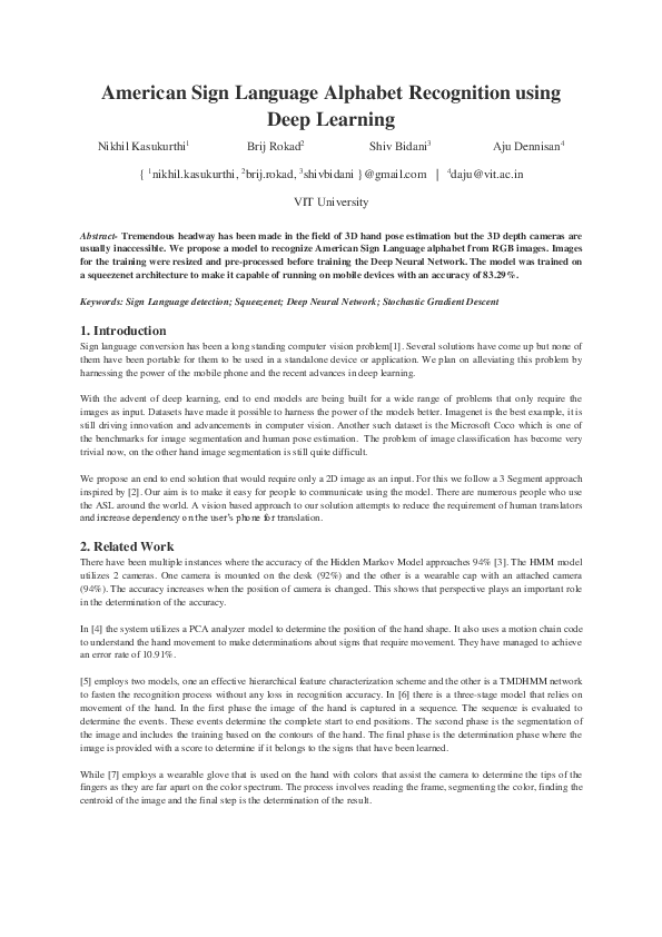 (PDF) American Sign Language Alphabet Recognition using Deep Learning