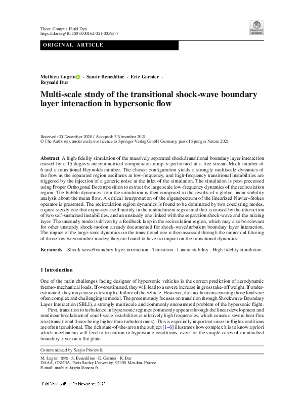 (PDF) Multi-scale study of the transitional shock-wave boundary layer interaction in hypersonic flow