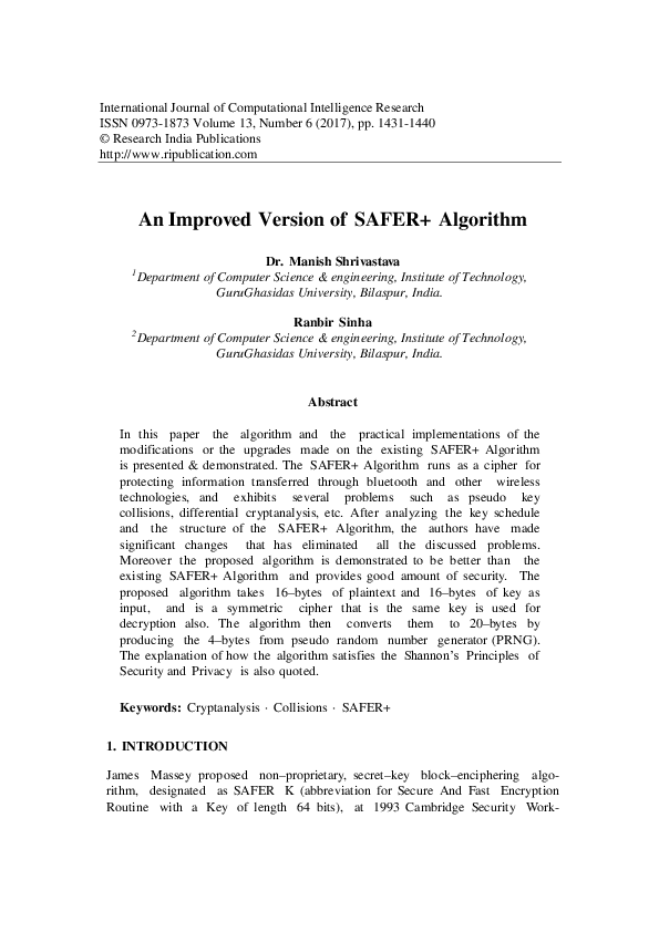 (PDF) An Improved Version of SAFER + Algorithm